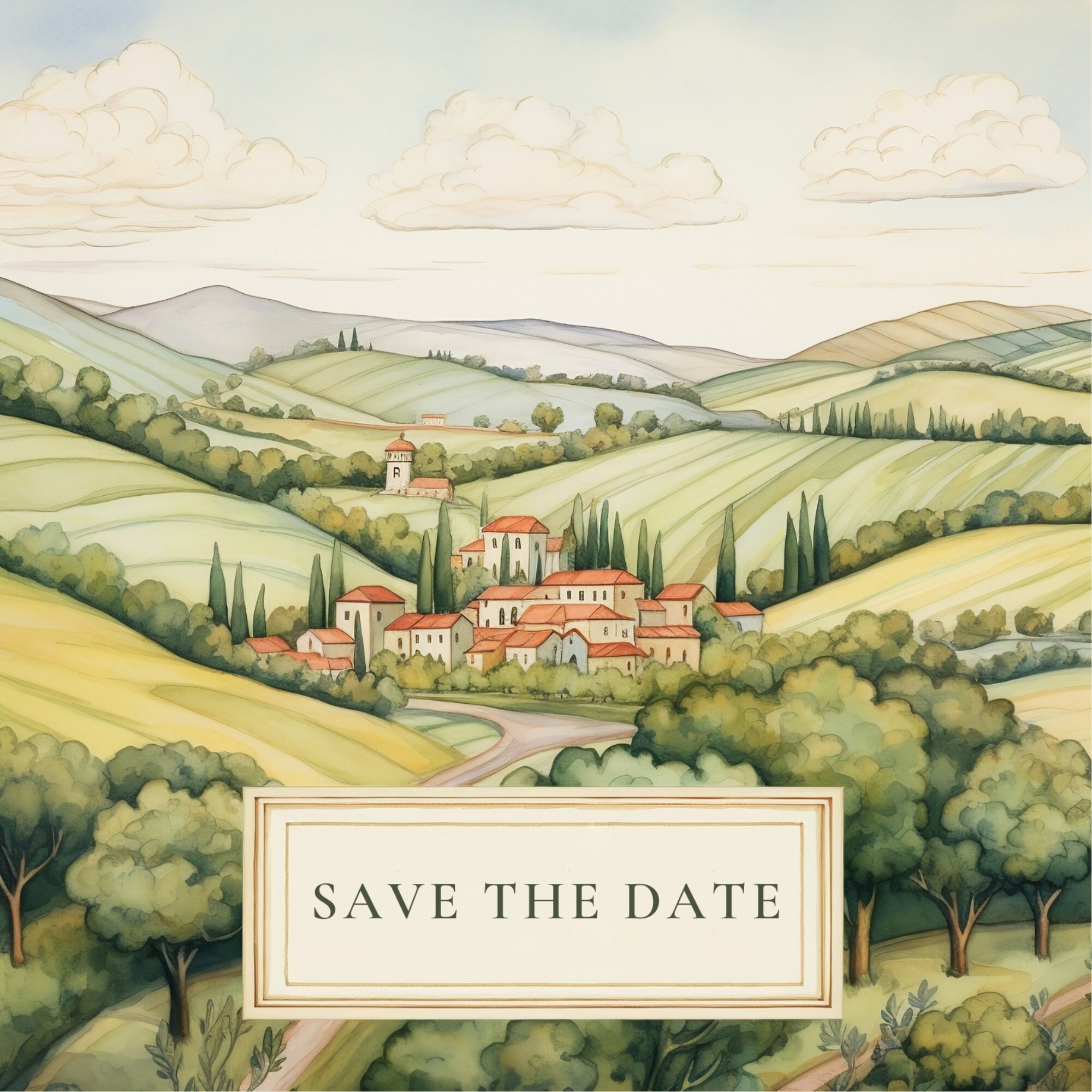 Tuscany Wedding or Save the Date Invitation, Watercolor Invite of ...