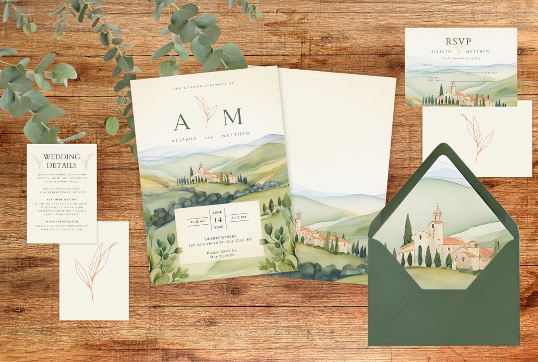 Tuscan Wedding Printable Invitation Suite Bundle- Watercolor Invitation ...