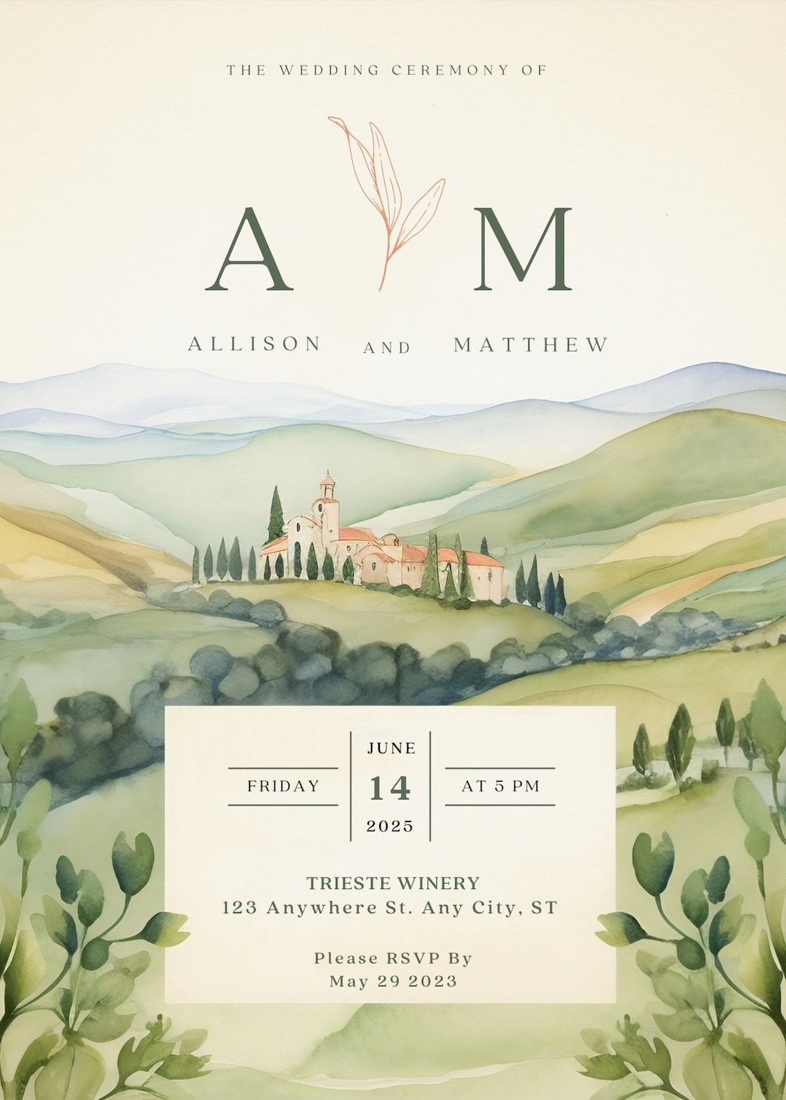 Tuscan Wedding Template With Back- Watercolor Invitation, Easy Digital ...
