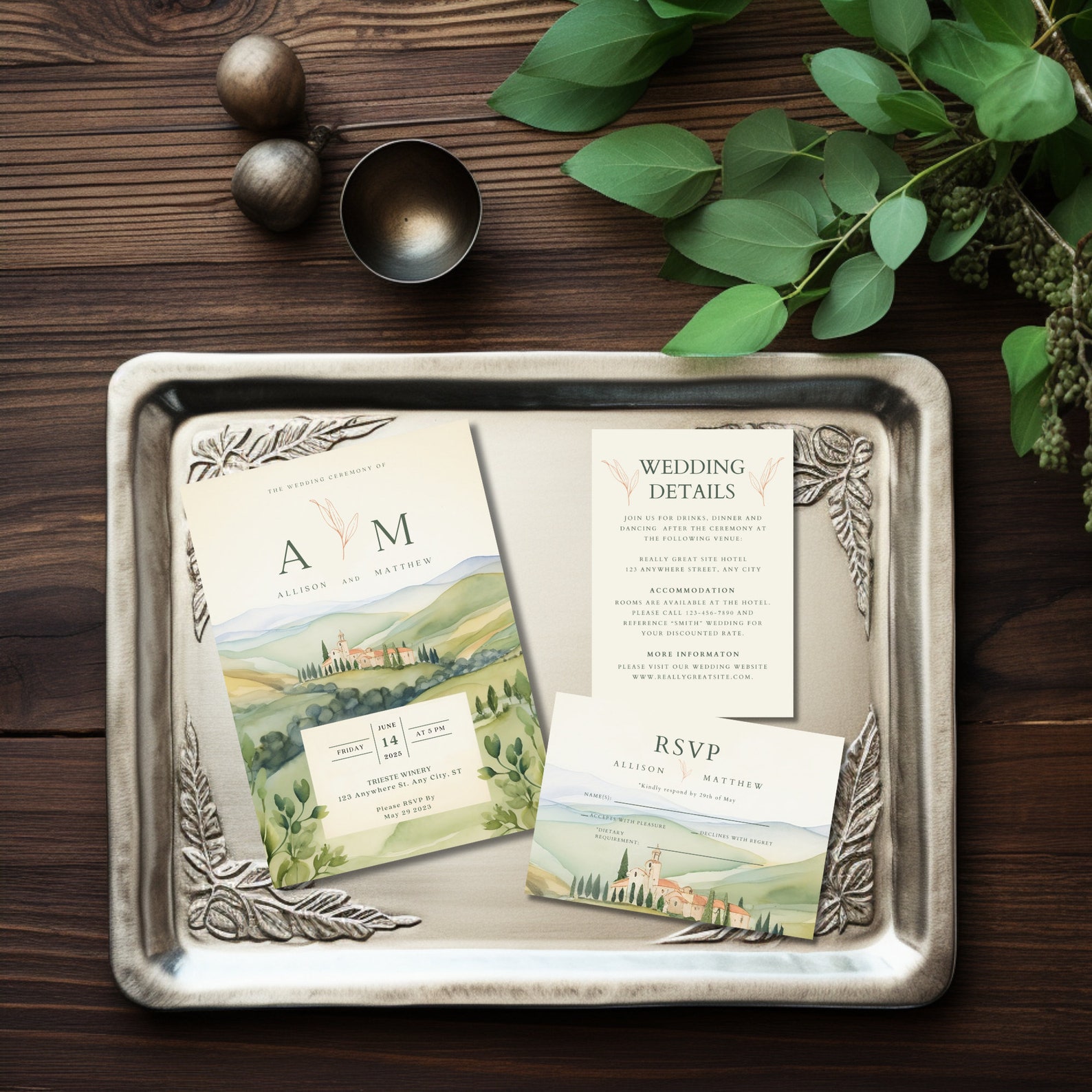 Tuscan Wedding Printable Invitation Suite Bundle- Watercolor Invitation ...