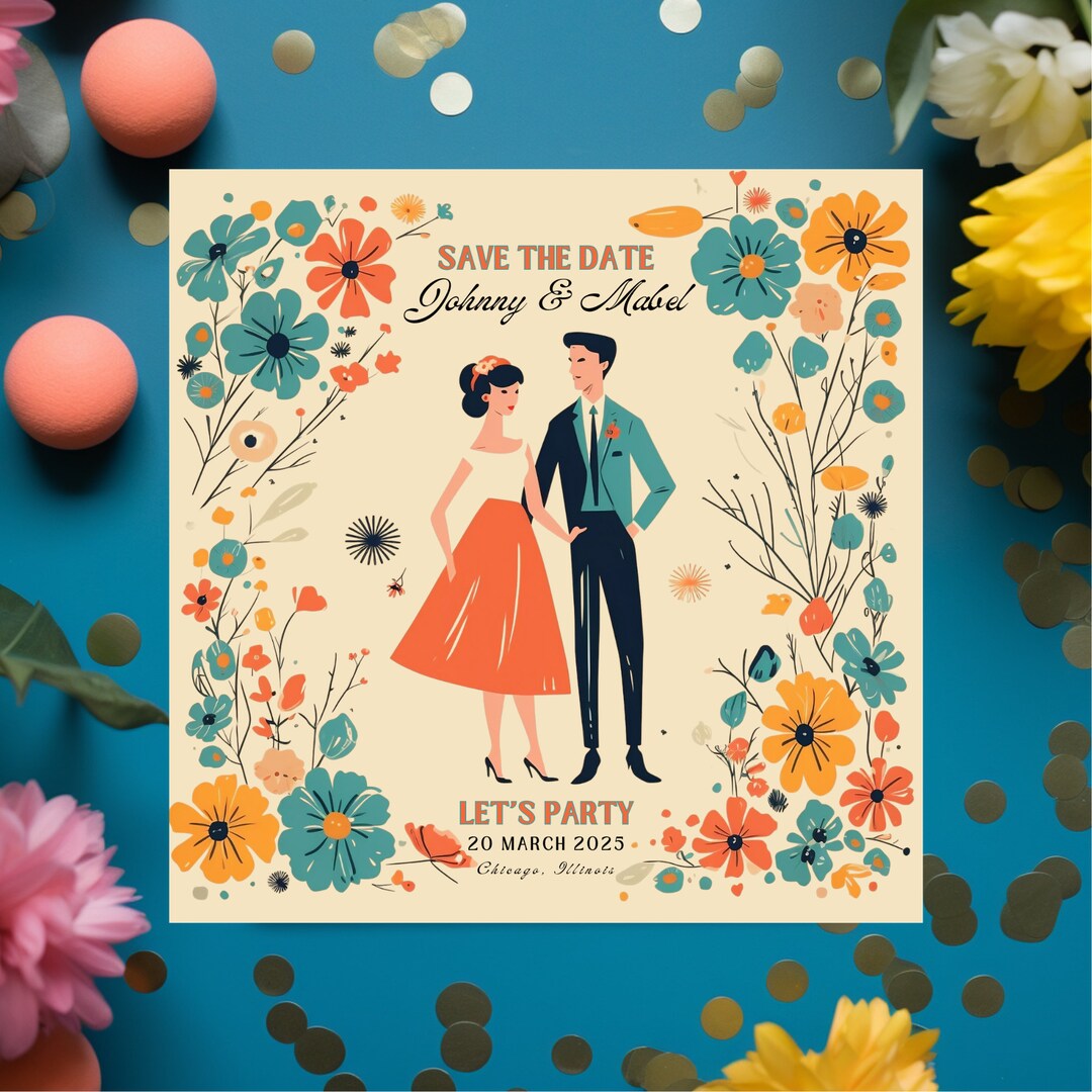 Vintage Wedding- Retro Save the Date Template Design. Mid Century ...