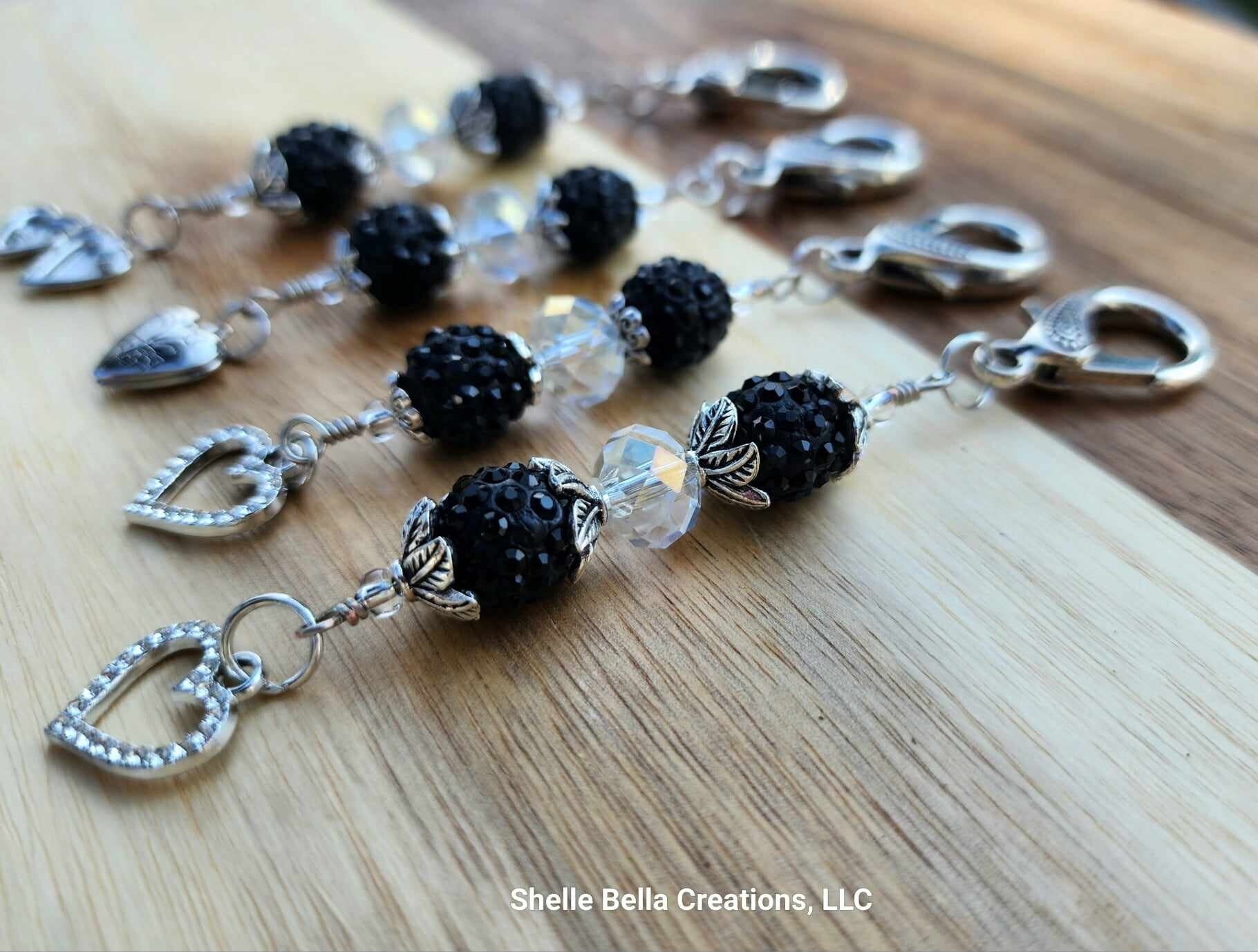 Black & Crystal Beaded Keychain Heart Locket Disco Ball Key Fob Handbag ...