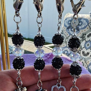 Black & Crystal Beaded Keychain Heart Locket Disco Ball Key Fob Handbag ...