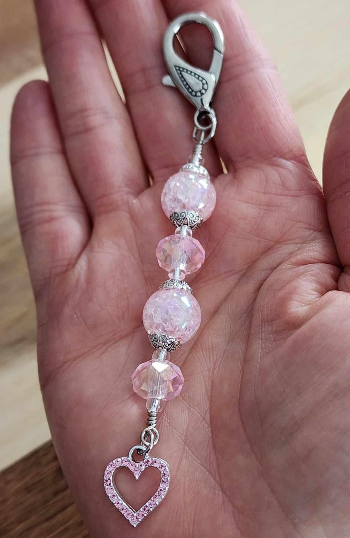Handcrafted Pink Crackle Bead Keychain Glass Bead Keyring W/pink ...