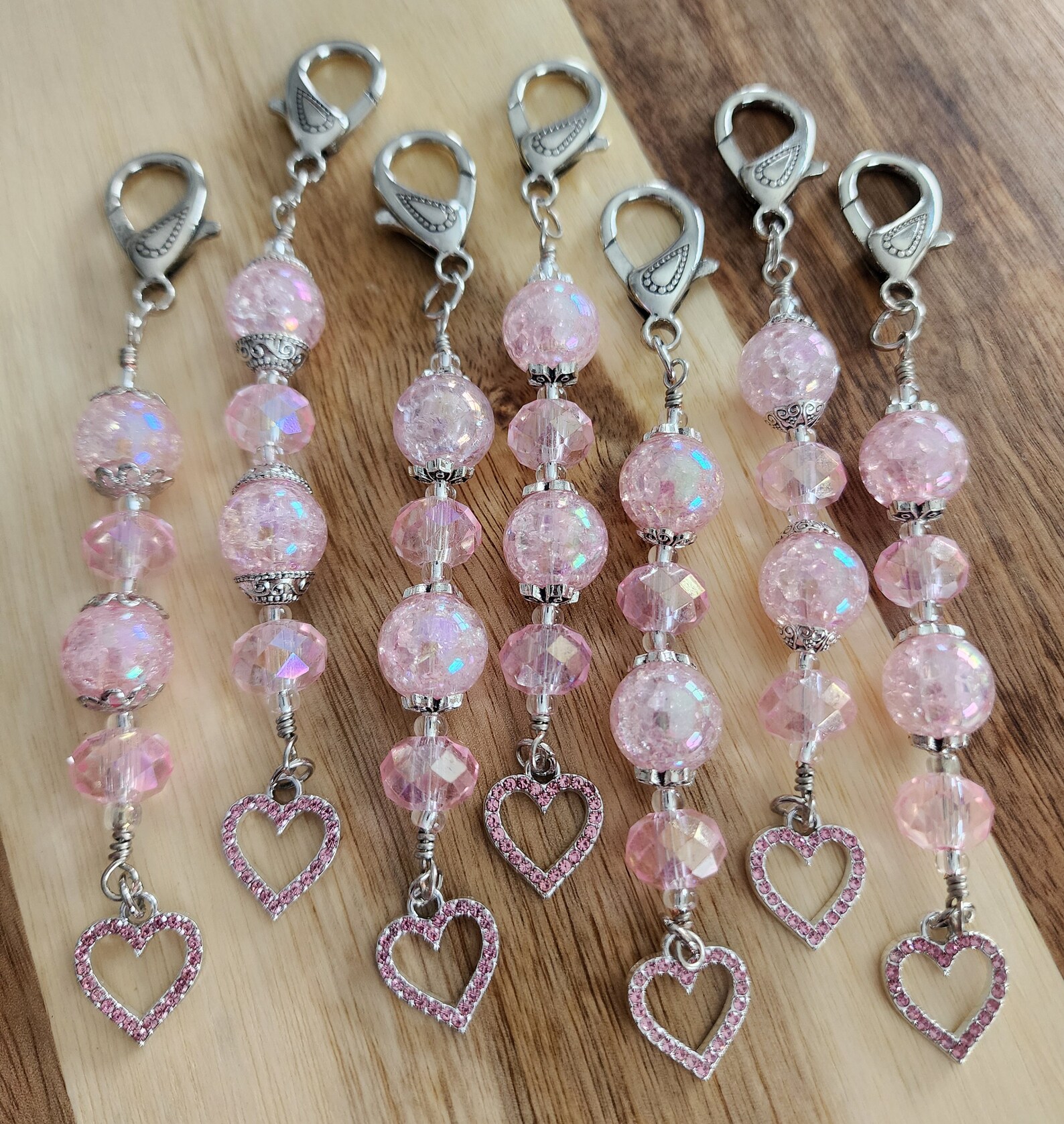 Handcrafted Pink Crackle Bead Keychain Glass Bead Keyring W/pink ...