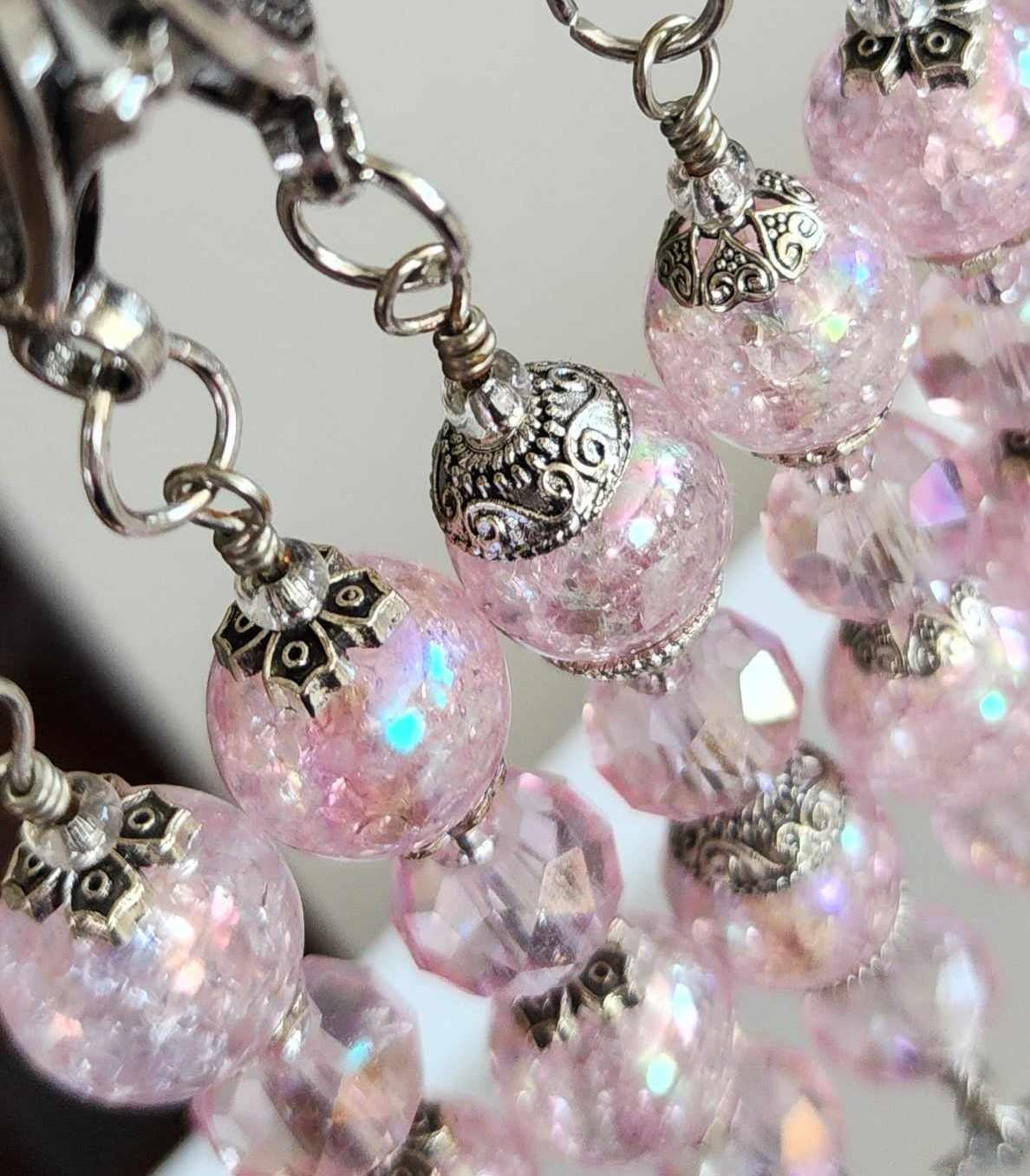 Handcrafted Pink Crackle Bead Keychain Glass Bead Keyring W/pink ...