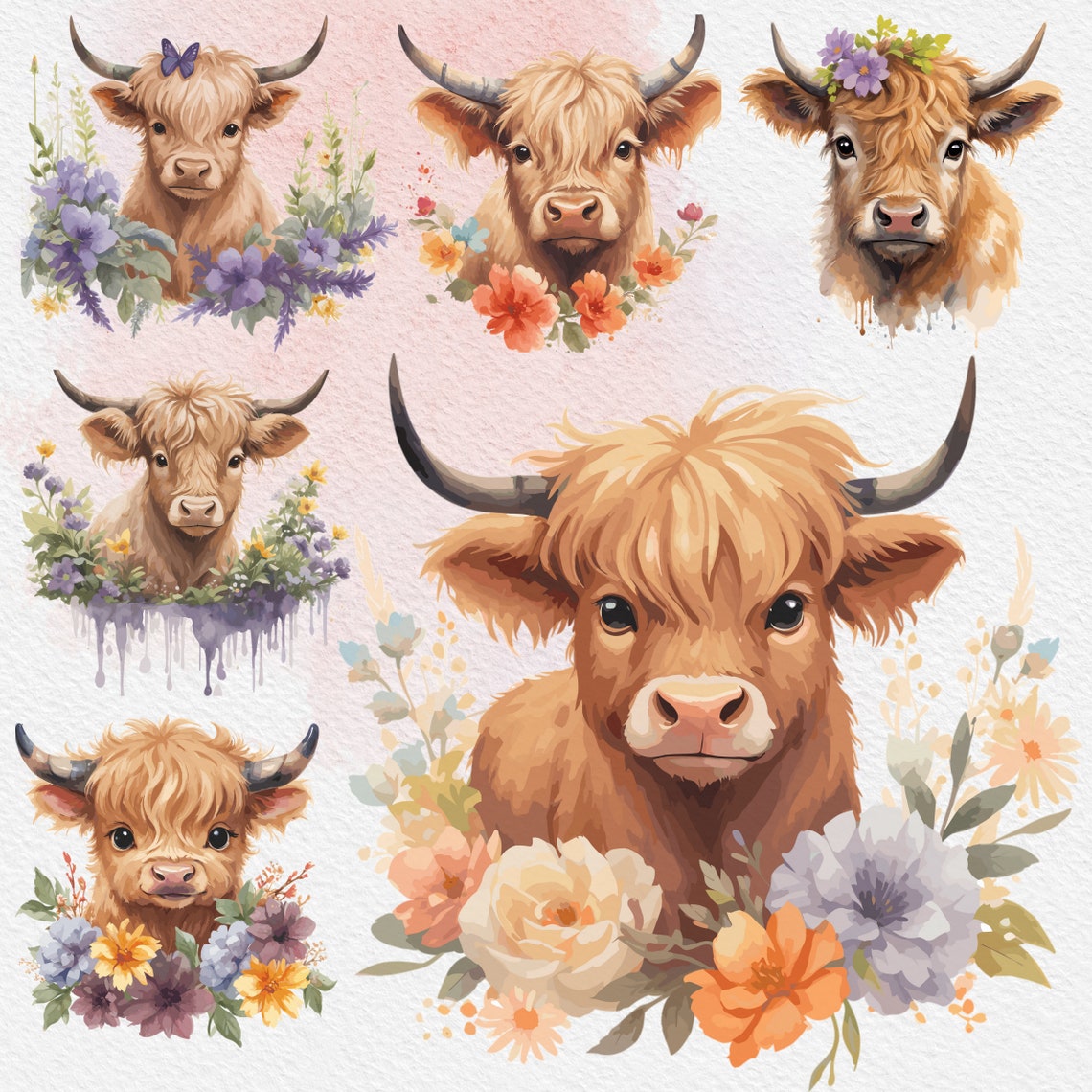 Highland Cow SVG & PNG Floral Cow Head Cottagecore Clipart Bundle ...