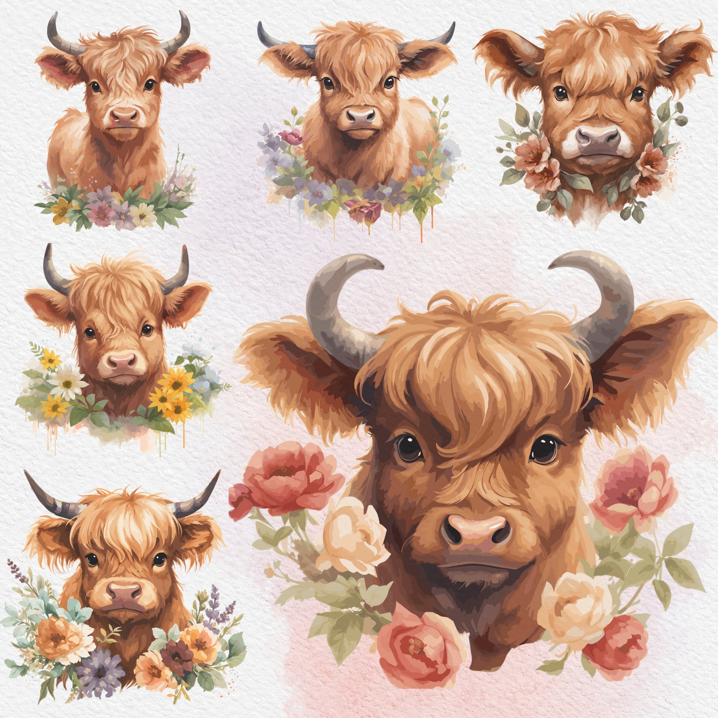 Highland Cow SVG & PNG Floral Cow Head Cottagecore Clipart Bundle ...