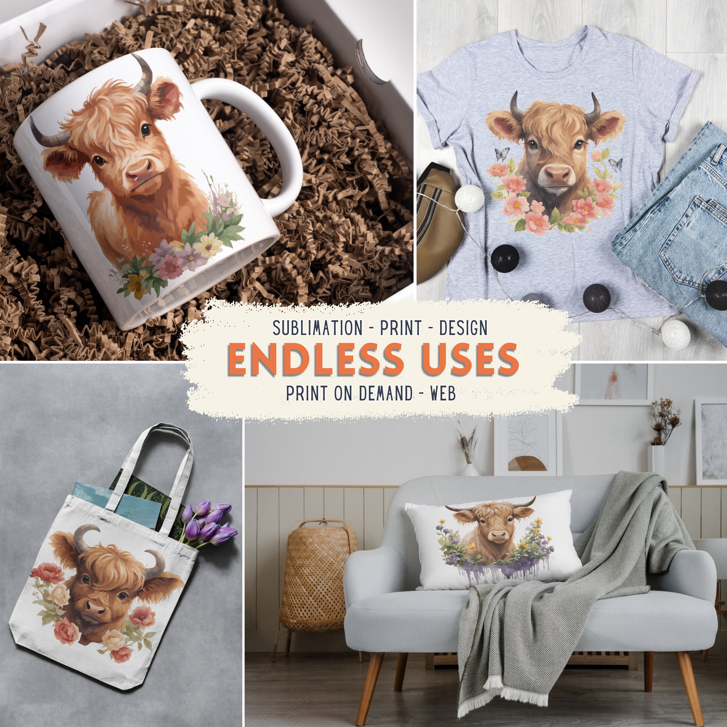 Highland Cow SVG & PNG Floral Cow Head Cottagecore Clipart - Etsy