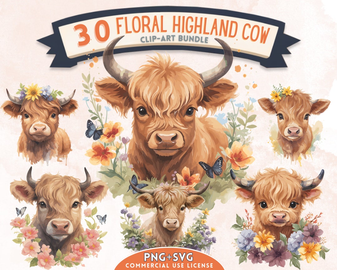 Highland Cow SVG & PNG - Floral Cow Head Cottagecore Clipart Bundle ...