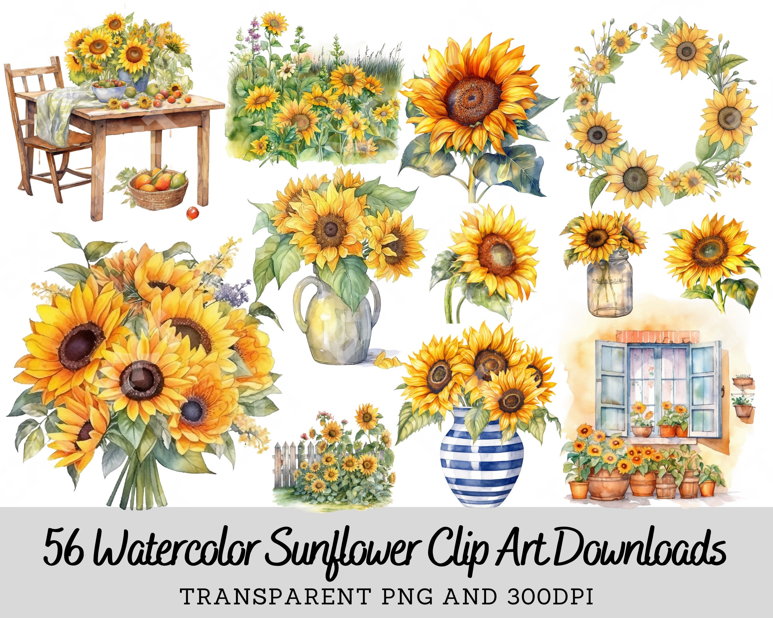 56 Sunflower Clipart Bundle, Watercolor Sunflower Clipart, Digital ...