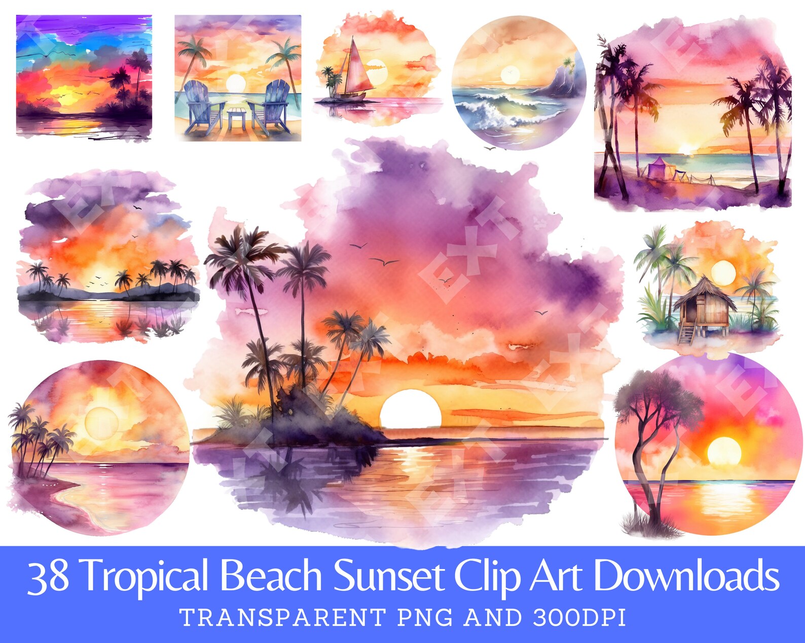 38 Watercolor Tropical Beach Sunsets Clipart Tropical - Etsy