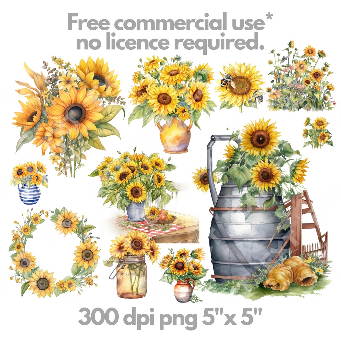 56 Sunflower Clipart Bundle, Watercolor Sunflower Clipart, Digital ...