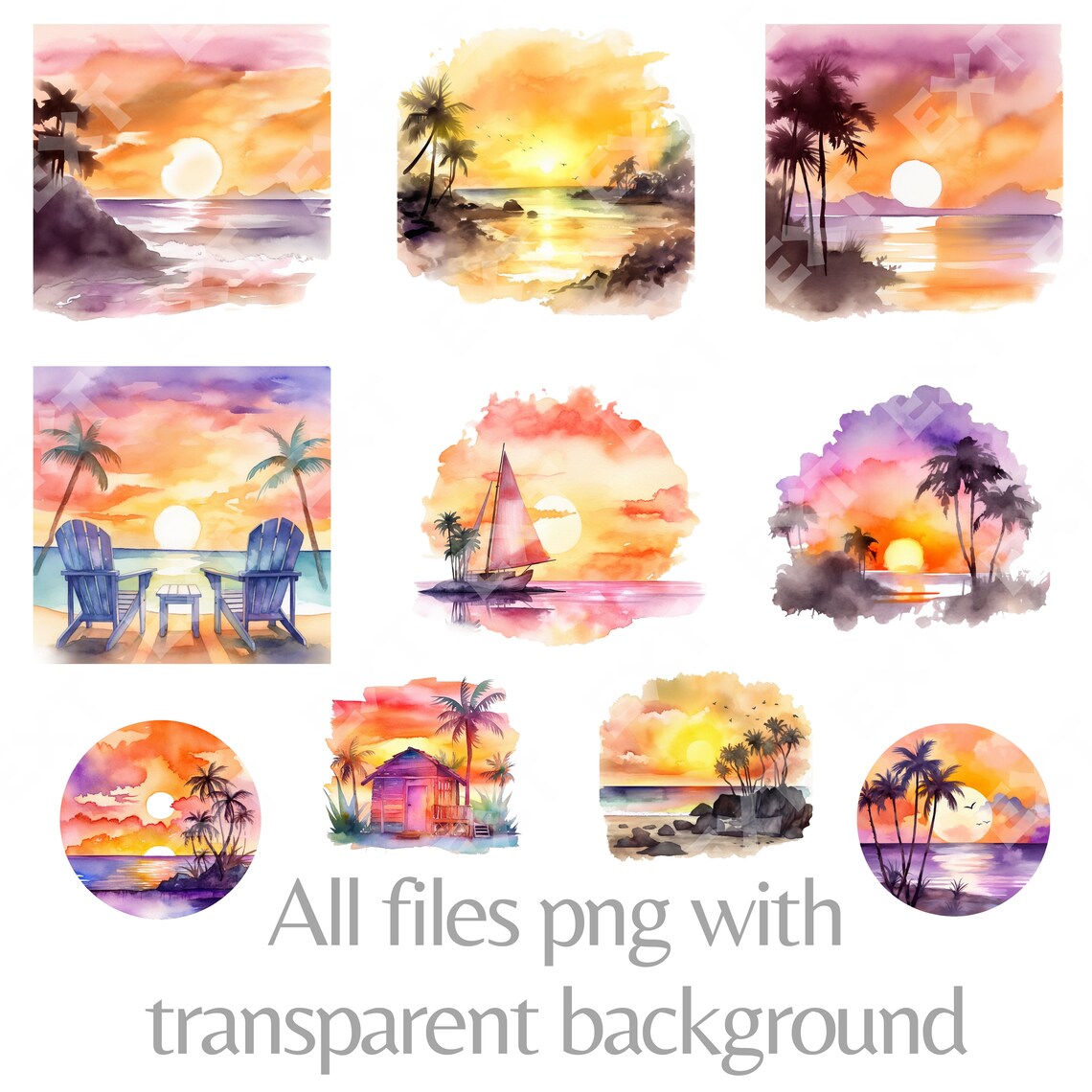 38 Watercolor Tropical Beach Sunsets Clipart Tropical - Etsy