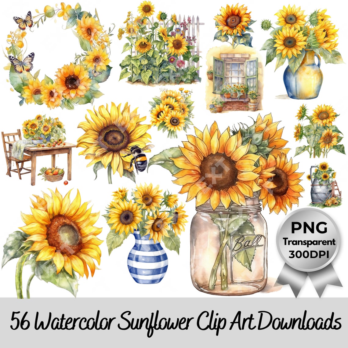 56 Sunflower Clipart Bundle, Watercolor Sunflower Clipart, Digital ...