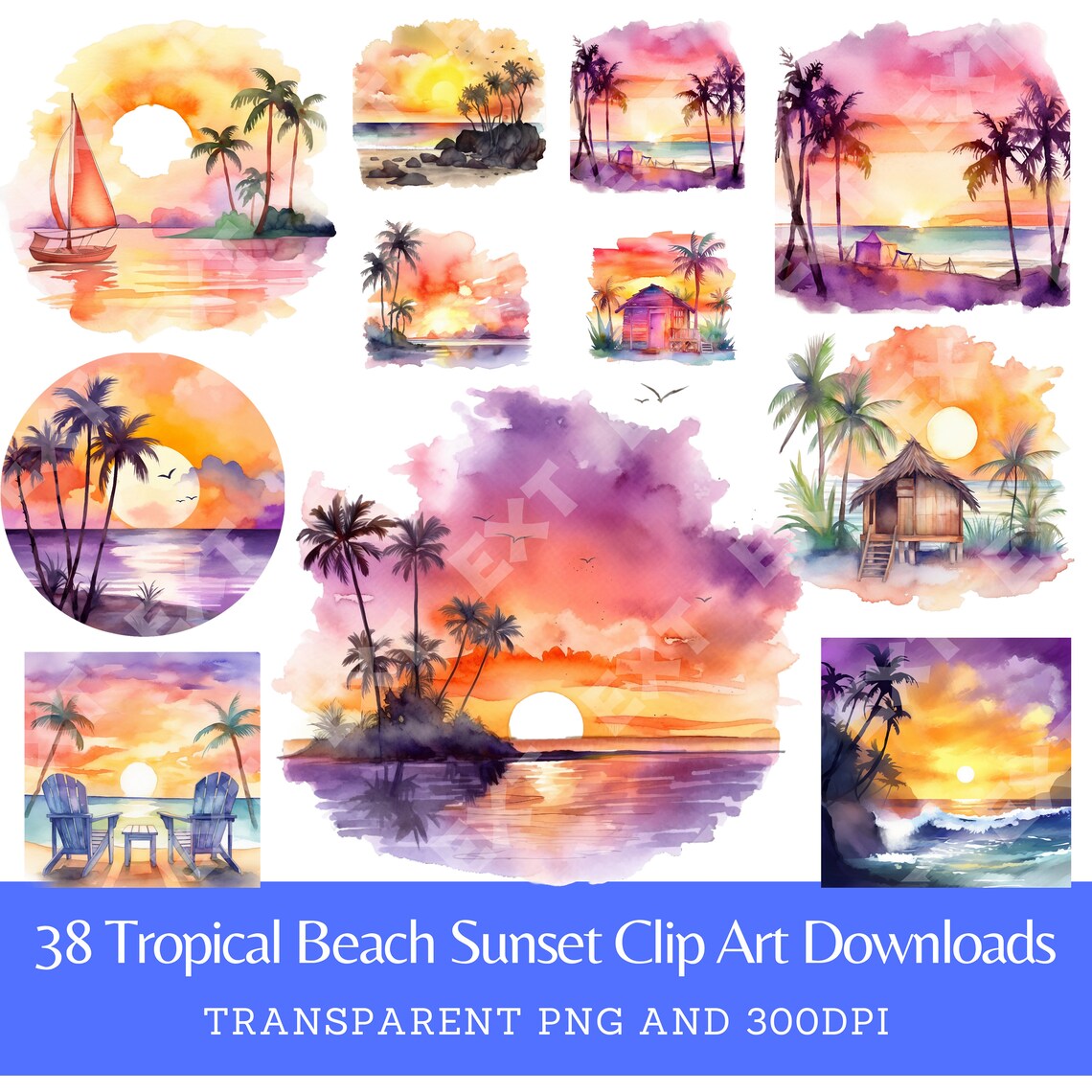 38 Watercolor Tropical Beach Sunsets Clipart Tropical - Etsy