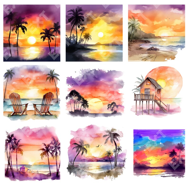 38 Watercolor Tropical Beach Sunsets Clipart Tropical - Etsy
