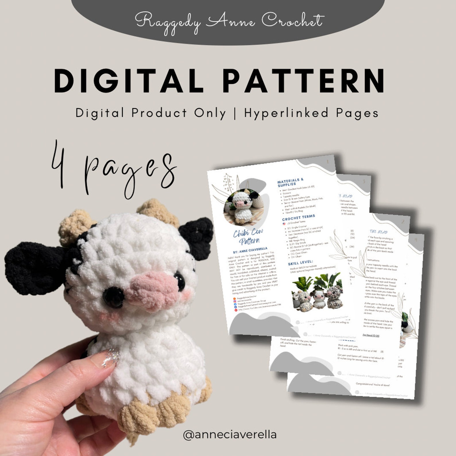 Chibi Cow Digital Crochet Pattern, Chonky Dairy Cow Crochet, Dairy Cow ...