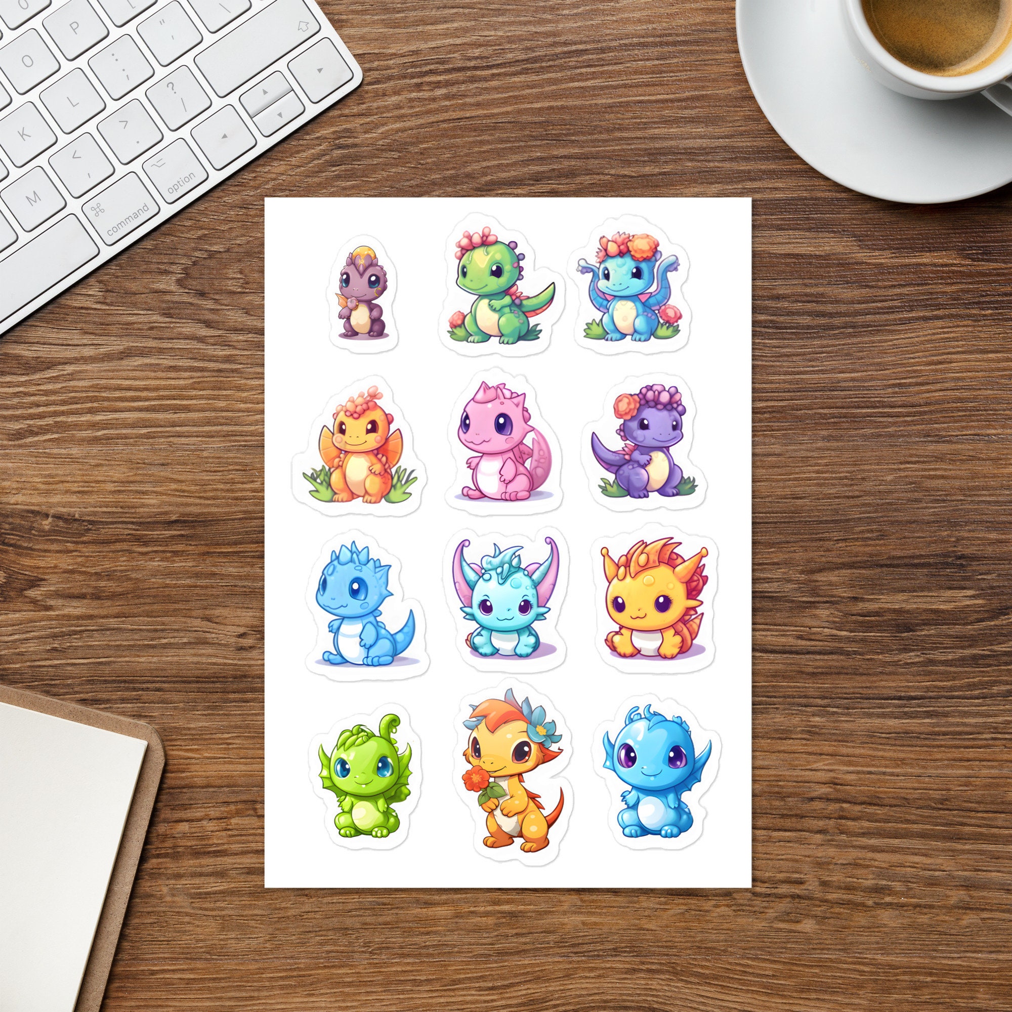 12 Kawaii BABY DRAGON STICKERS on 1 Sticker Sheet 5.83" X 8.27" Kiss ...