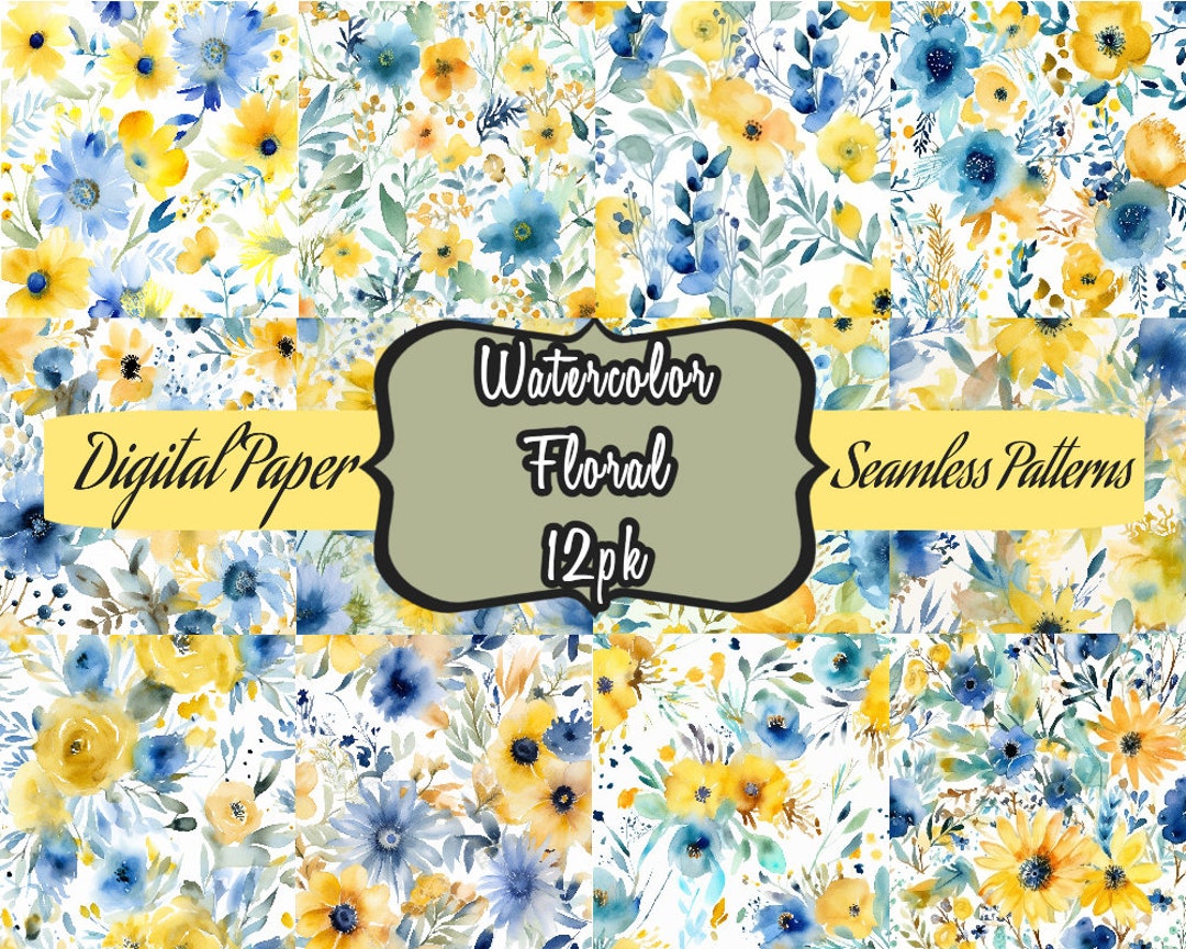 Seamless Floral Pattern, Watercolor, Yellow and Blue, Digital Paper, 12 ...