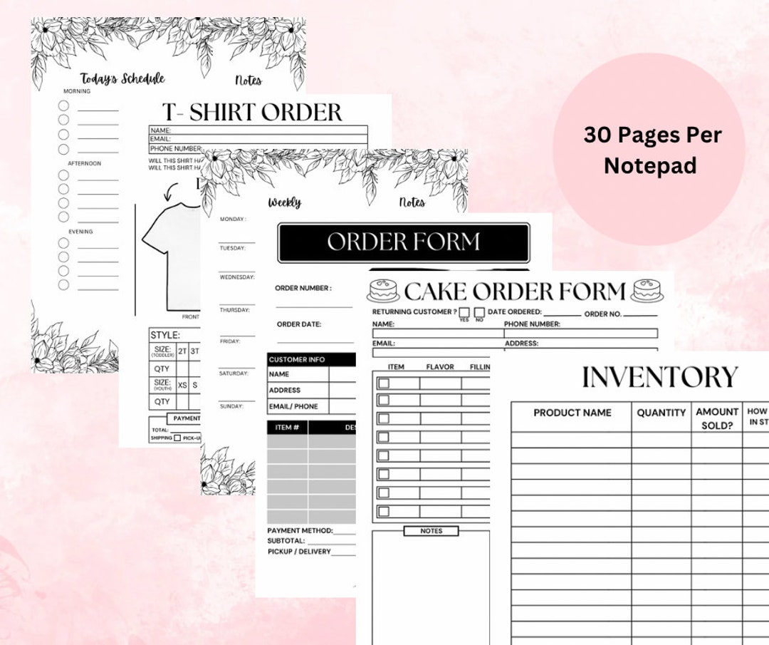 Business Notepads Order Form Cake Orders Weekly Schedule T-shirt Orders ...