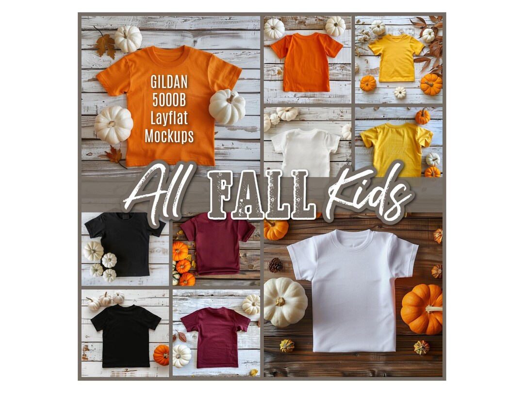 Kids Fall Themed Lay Flat Mockups T Shirt Mock up Gildan 5000B G500B ...