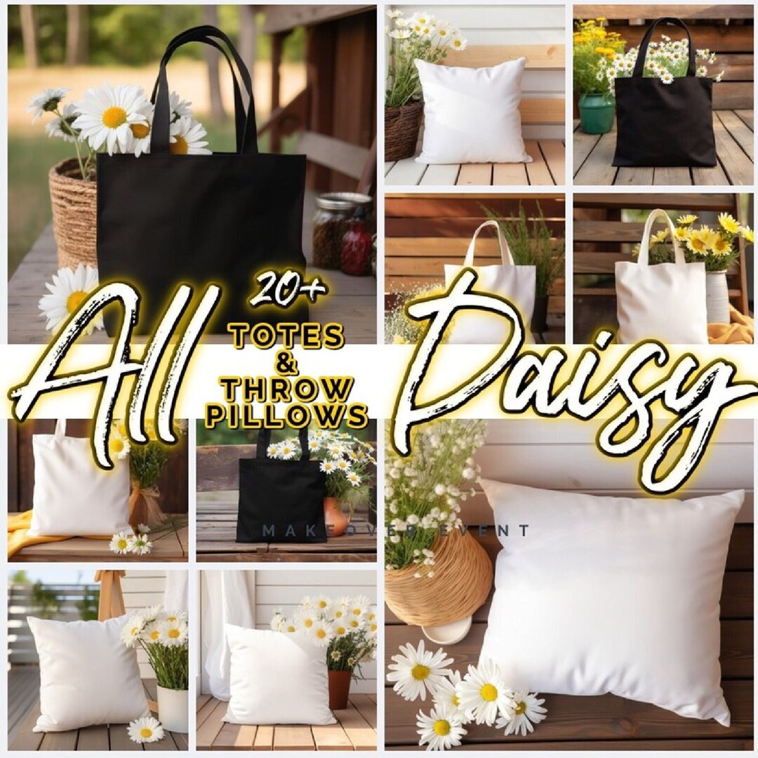 20+ Tote & Throw Pillow Daisy Themed Mockup, Tote Mockup White Tote ...
