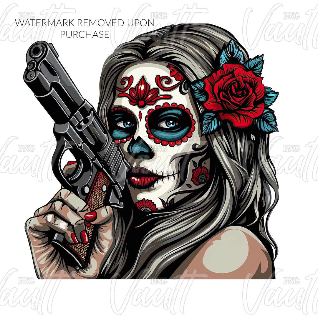 PNG JPG Sugar Skull Skeleton Skull Design 2nd Amendment Gun Girl Png ...