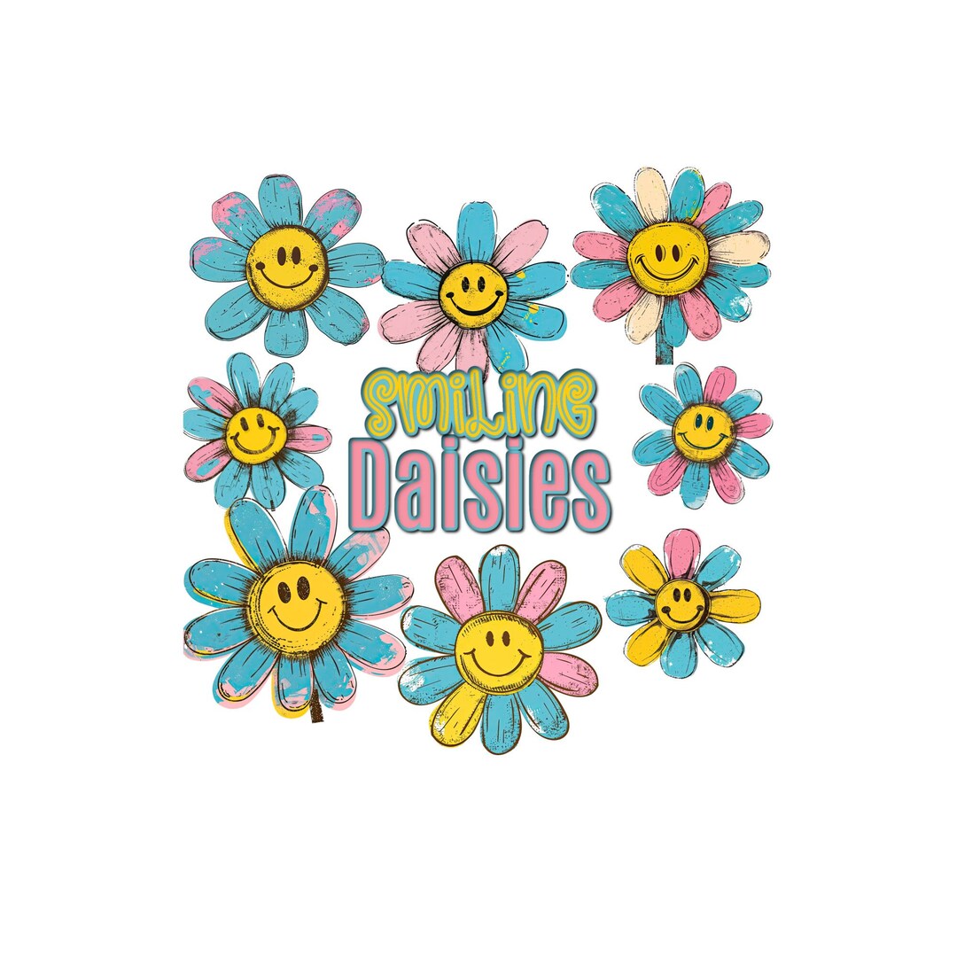 PNG 8 Smiling Daisies Pastel Flowers Smiley Face Retro 70's Style Daisy ...