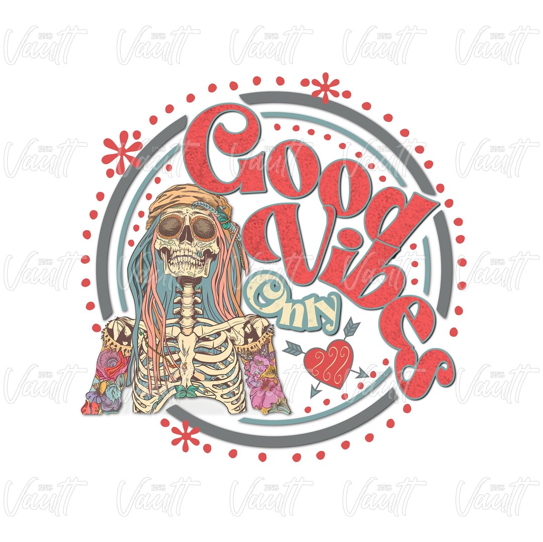 PNG Hippie Skeleton Skull Good Vibes Only Retro PNG Design Groovy 60's ...