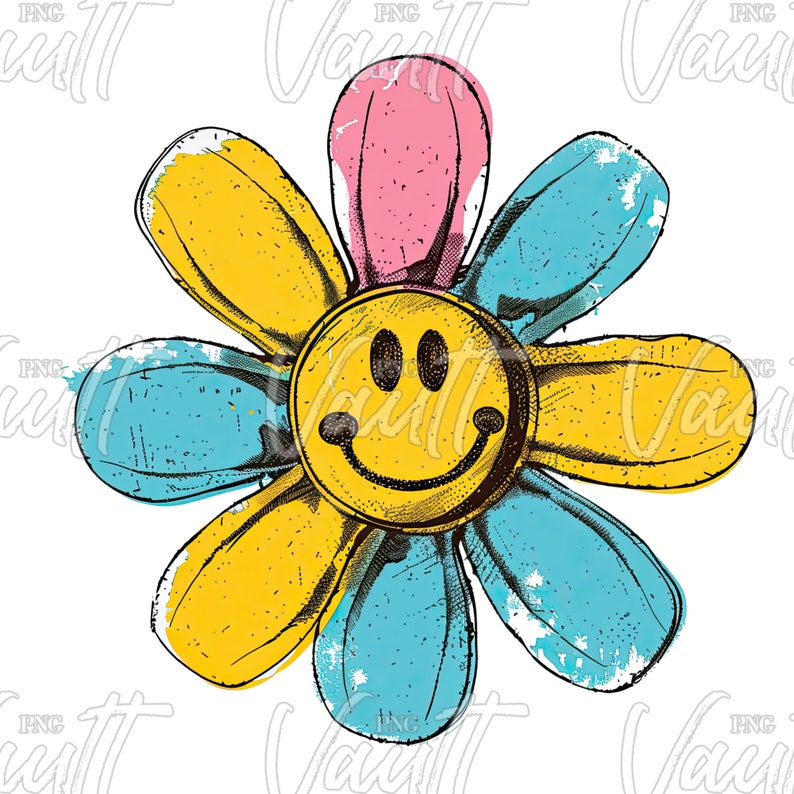 PNG 8 Smiling Daisies Pastel Flowers Smiley Face Retro 70's Style Daisy ...