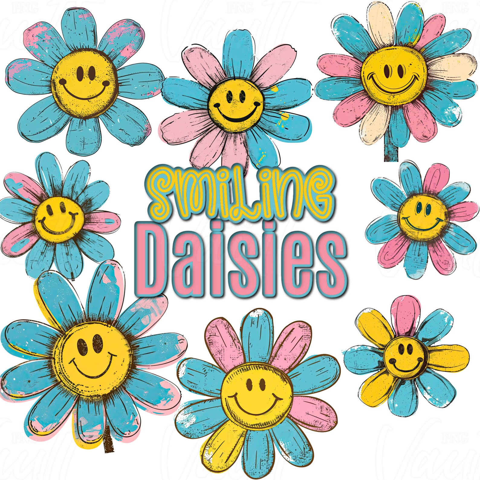 PNG 8 Smiling Daisies Pastel Flowers Smiley Face Retro 70's Style Daisy ...
