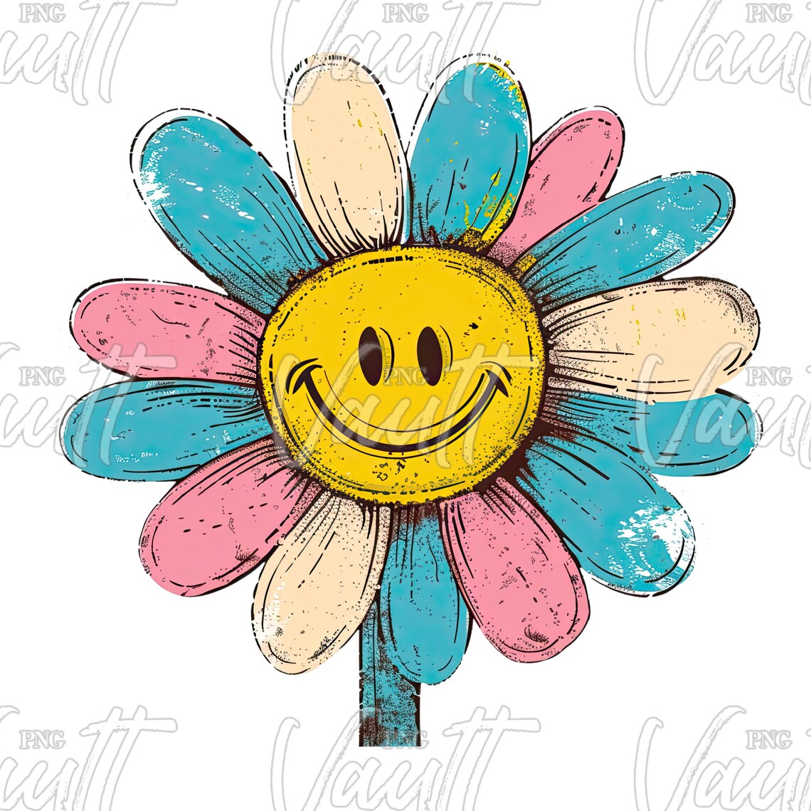 PNG 8 Smiling Daisies Pastel Flowers Smiley Face Retro 70's Style Daisy ...