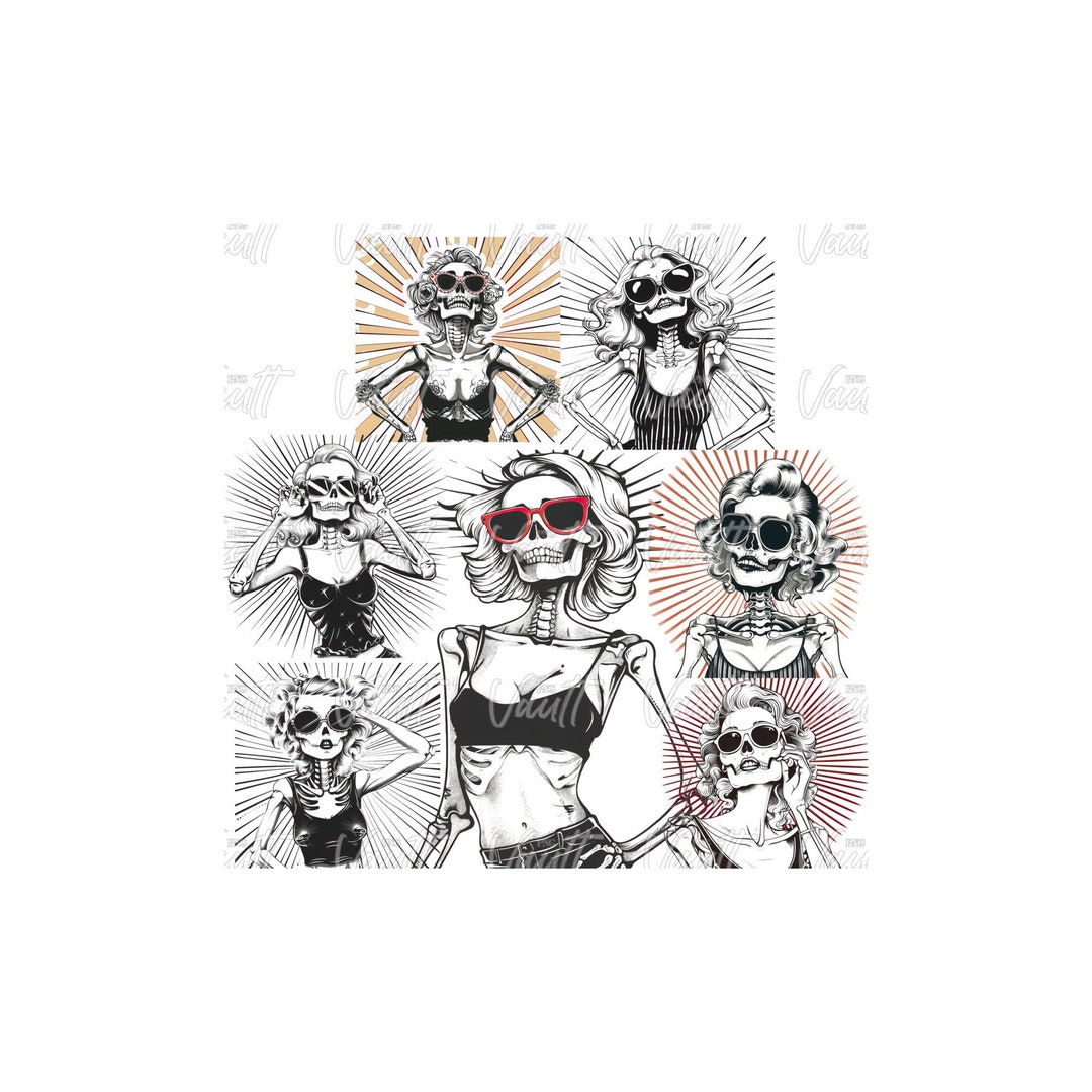 PNG Vintage Retro Skeleton Skulls Pin up Style Rock a Billy Sugar Skull ...