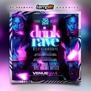 Drink Rave Party Flyer, Premade Flyer Template, Event Flyer, Night Club ...