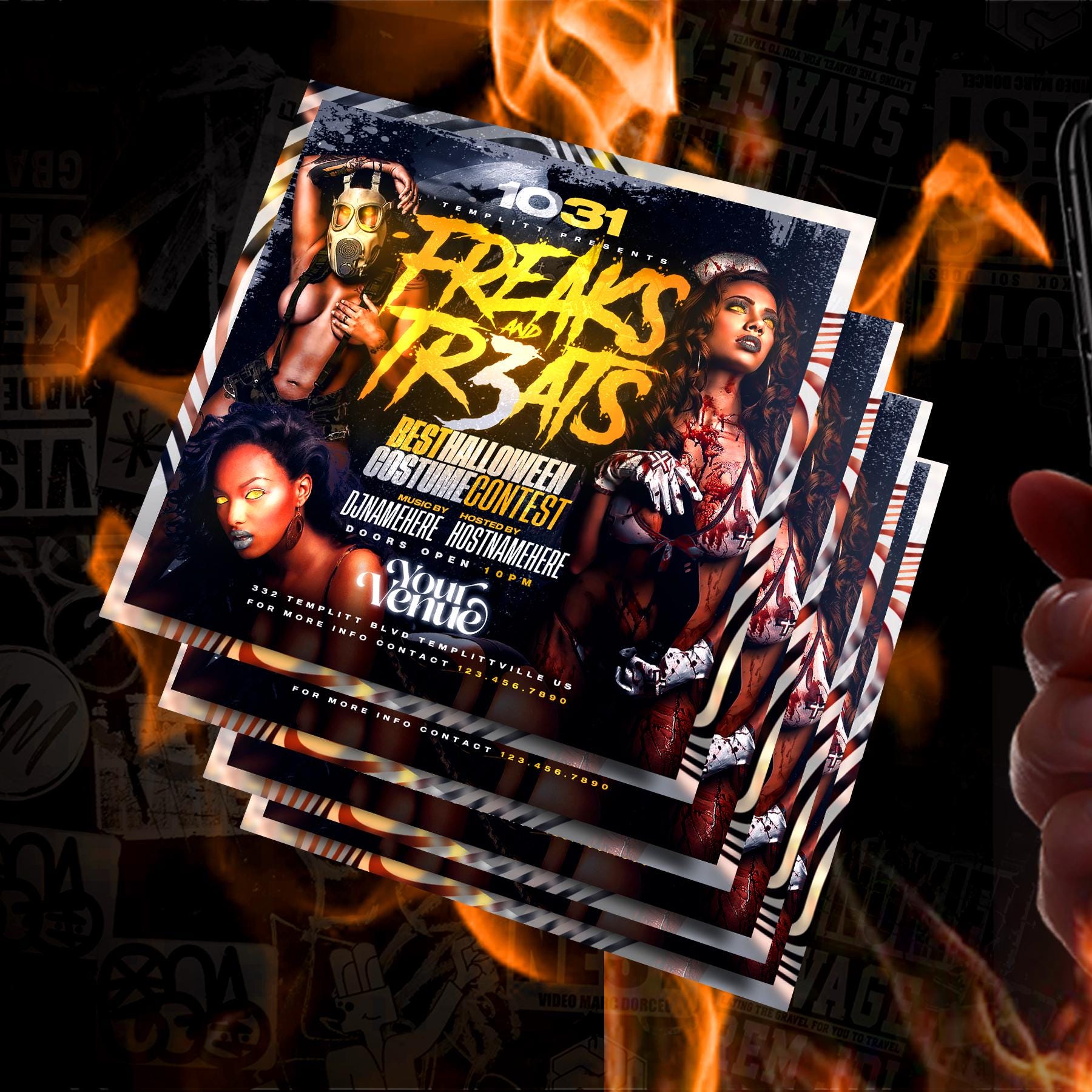 Freaks & Treats Halloween Party Flyer, Premade Flyer Template, Event ...