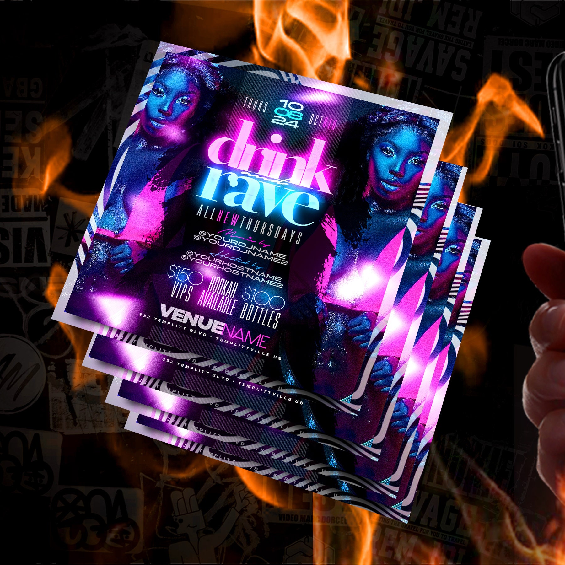 Drink Rave Party Flyer, Premade Flyer Template, Event Flyer, Night Club ...