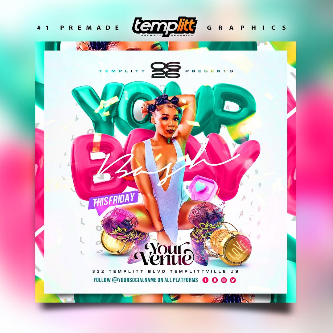 Birthday Bash Party Flyer, Premade Flyer Template, Event Flyer, Night ...