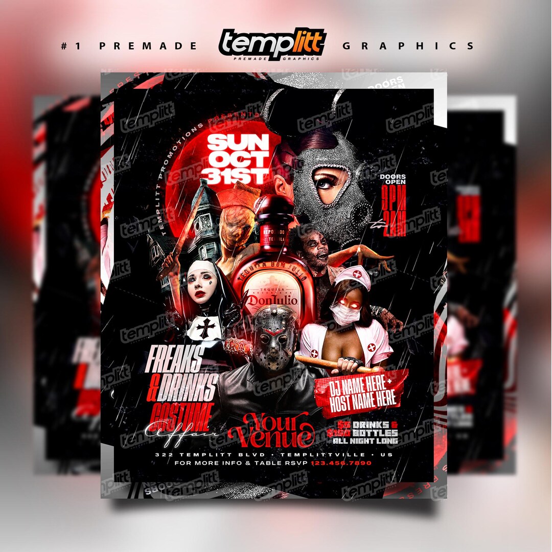 Freaks & Drinks Halloween Party Flyer, Premade Flyer Template, Event ...