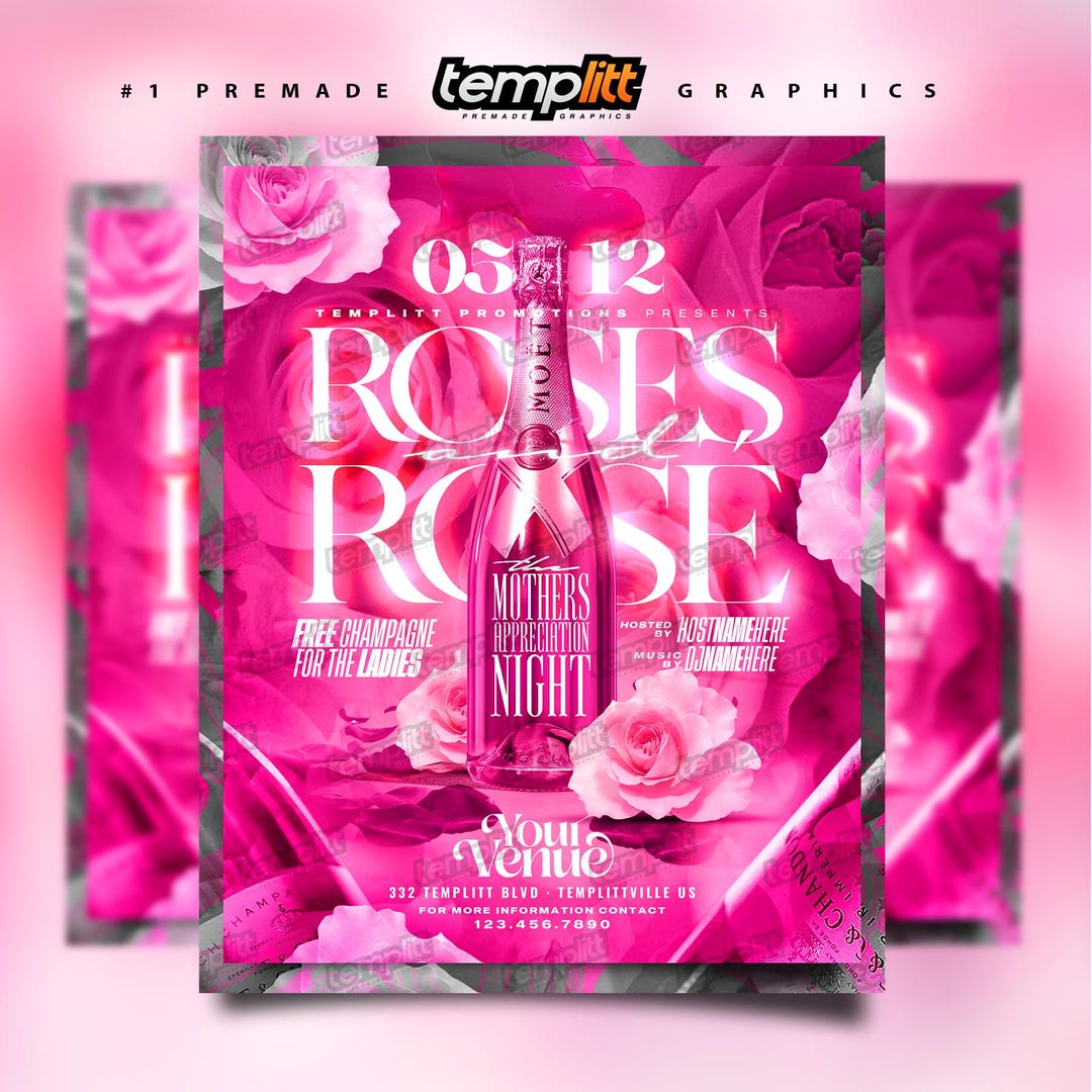 Roses & Rosé Mother's Day Party Flyer, Premade Flyer Template, Event ...