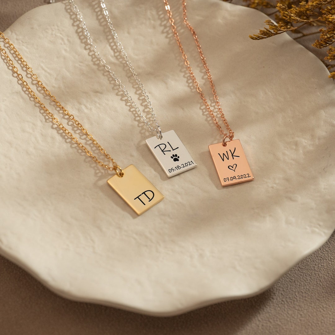 Name Tag Necklace Custom Initial & Date Pendant Necklace Couple Gifts ...