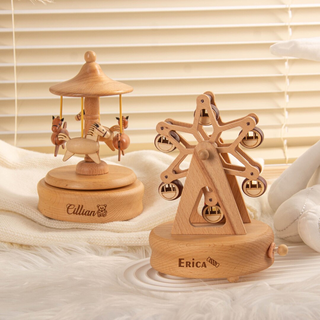 Personalized Wooden Carousel Music Box, Kids Keepsake Gift, Engraved ...