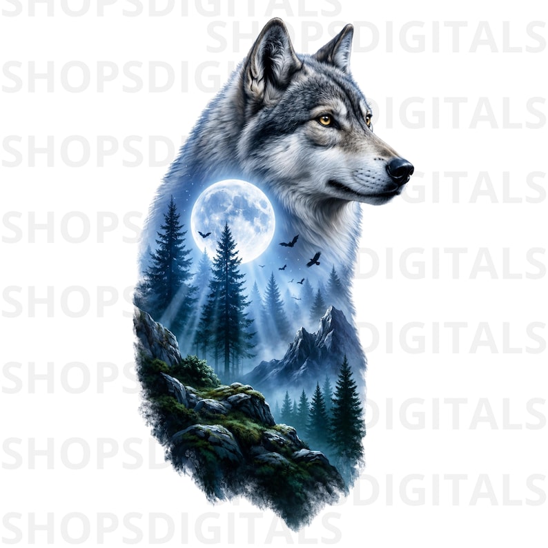 Double Exposure Wolf Art, Moon Forest Wildlife Clipart (digital ...