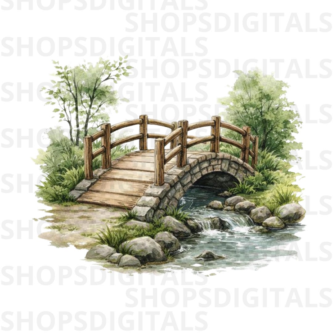 Wooden Bridge Clipart, Rustic Garden Landscape Illustration (PNG ...
