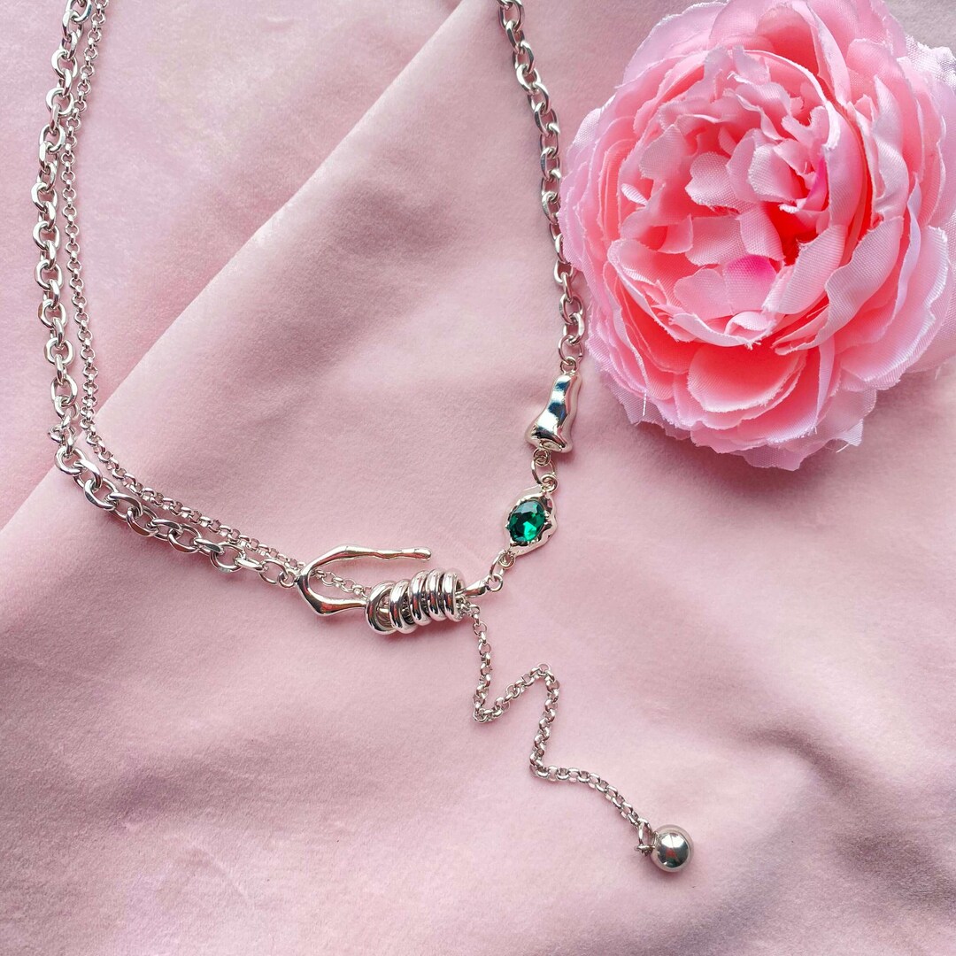 Y2K Small Green Diamond Chain Layered Necklace,green Diamond Chain ...