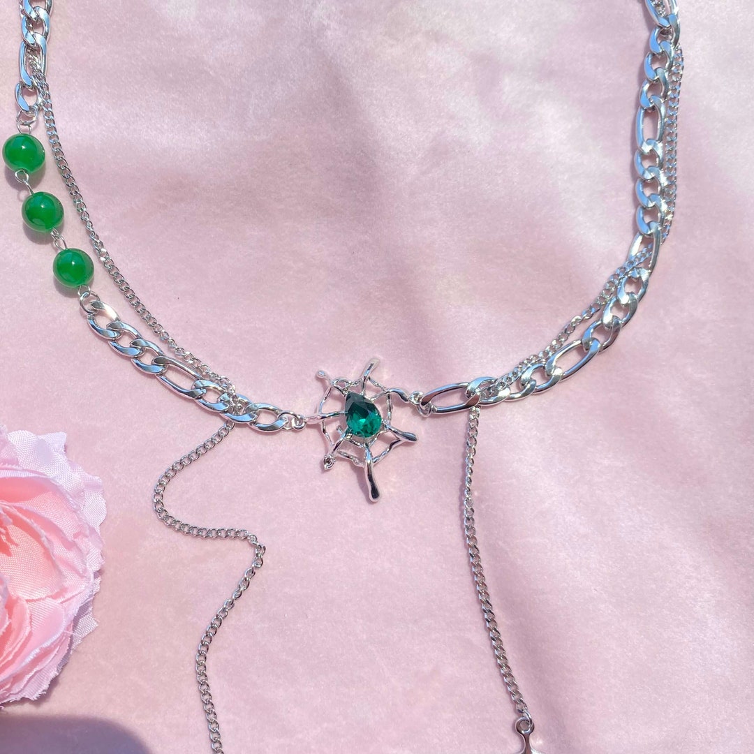 Y2K Green Jade Spider Web Necklace: Stainless Steel Chain - Etsy
