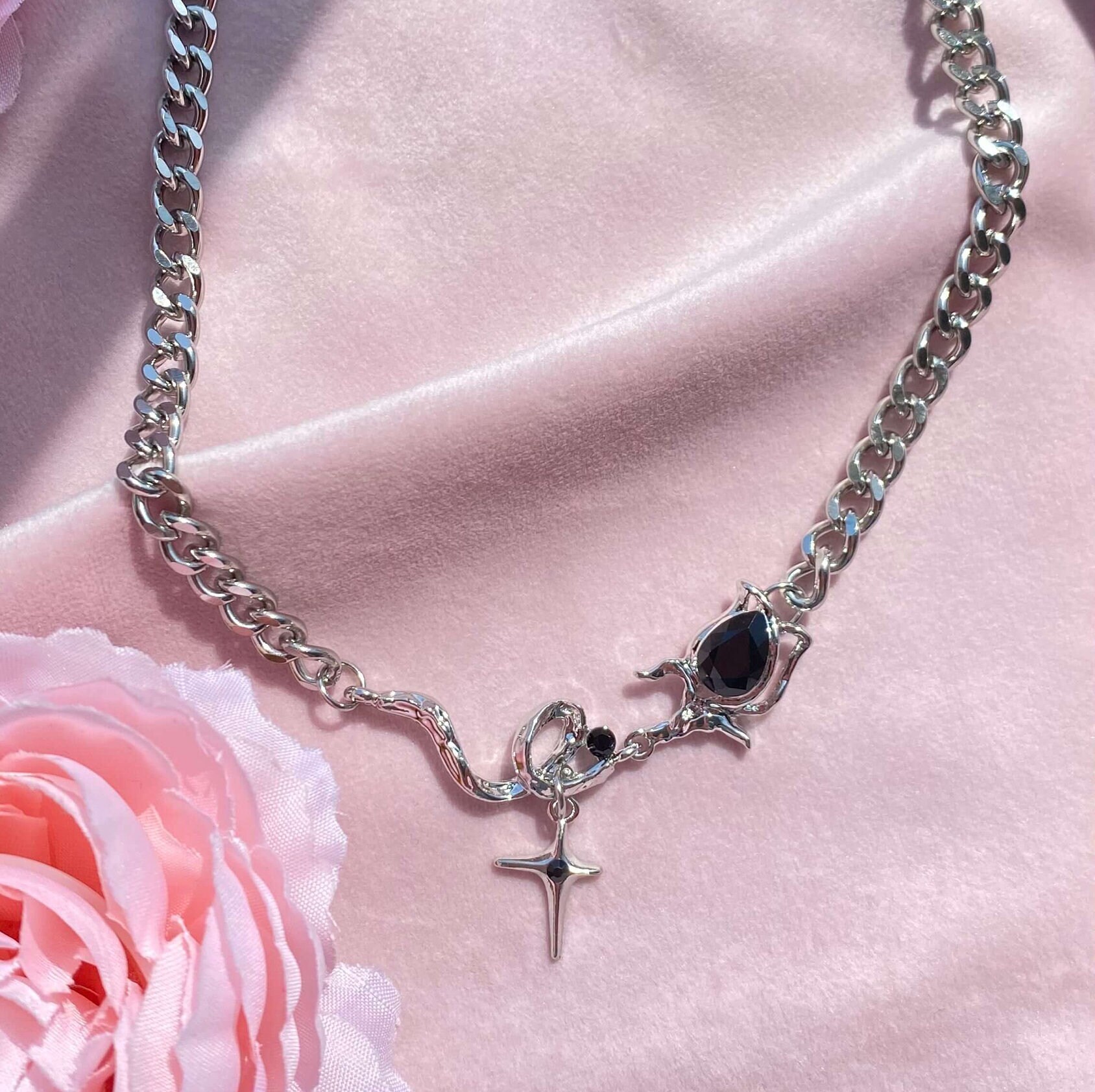 Y2K Black Diamond Star Pendant Necklace: Handmade Stainless Steel Chain ...