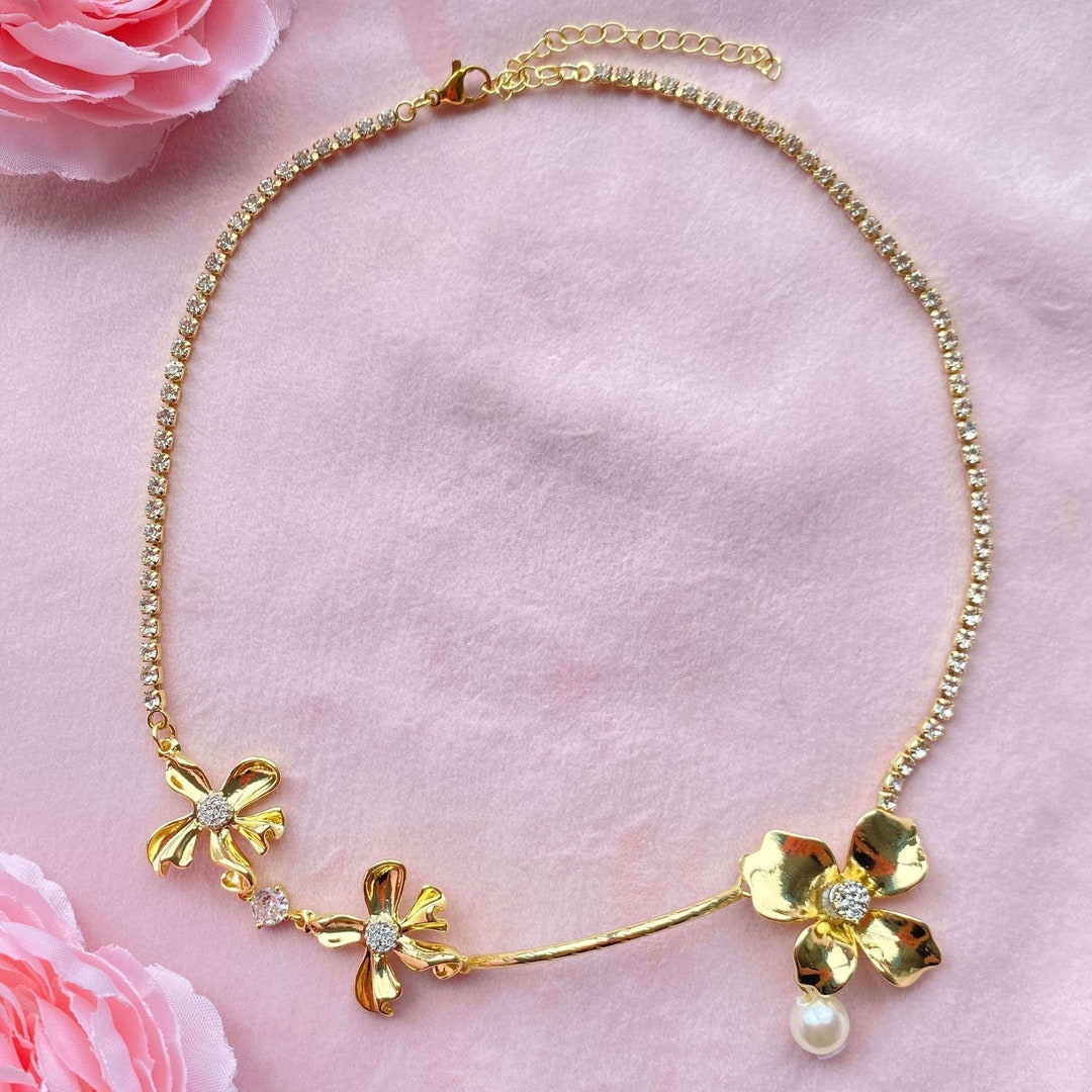 Y2K Gold Diamond Chain Flower Necklace,gold Flower Chain Necklace ...