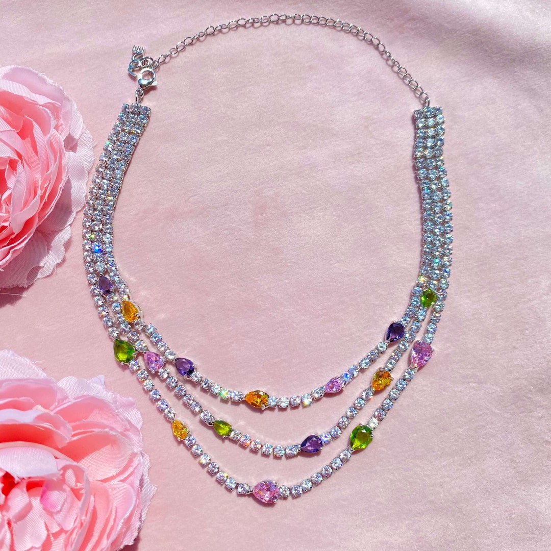 Y2K Handmade CZ Diamond Choker: Colorful Water Drop Tassel Necklace - Etsy