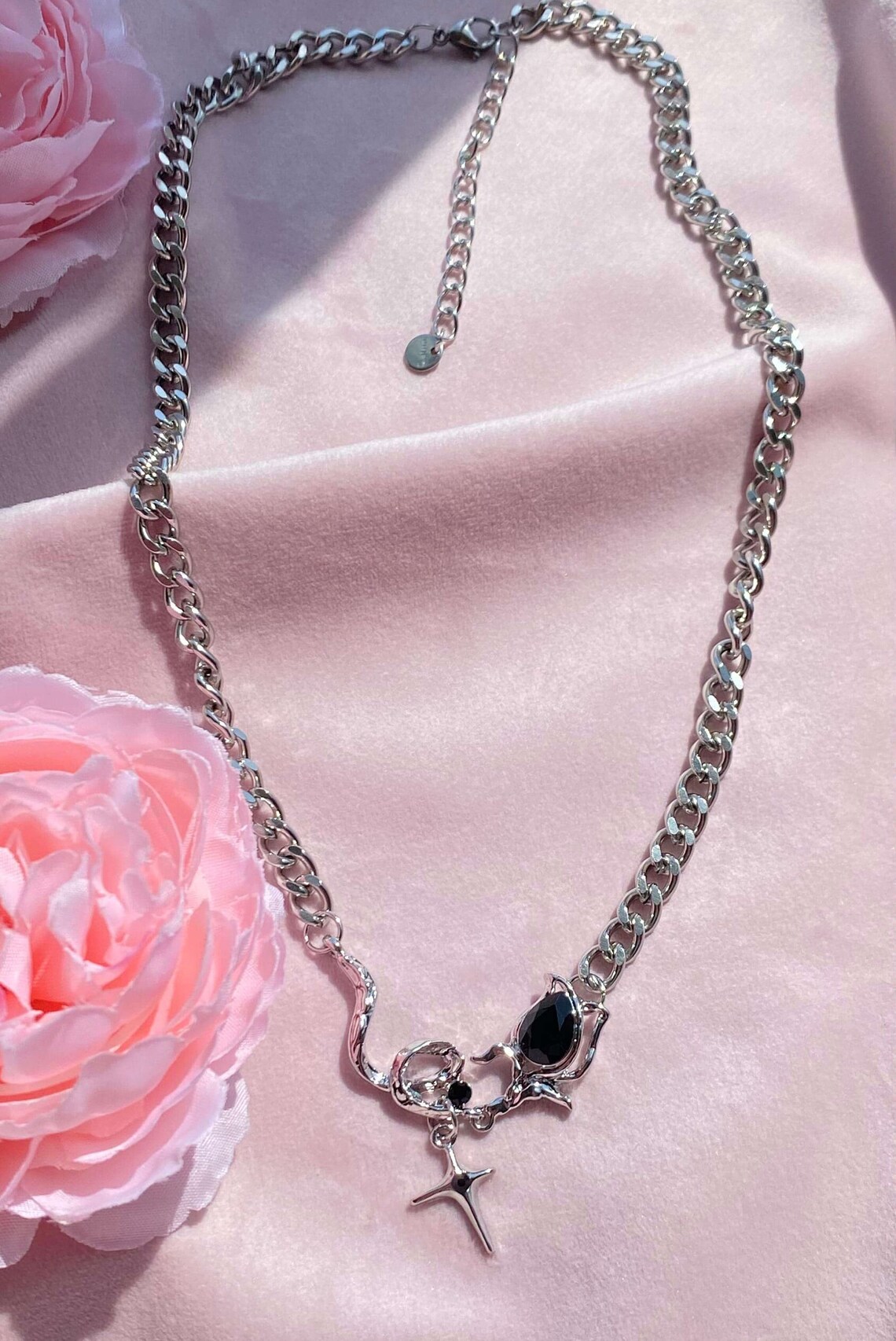 Y2K Black Diamond Star Pendant Necklace: Handmade Stainless Steel Chain ...